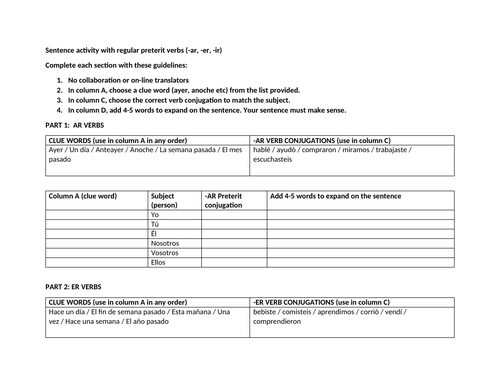 Regular preterit sentence activity | Teaching Resources