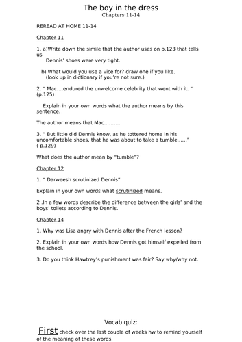 The Boy in the dress by David Walliams comprehension questions yr5/6 ...