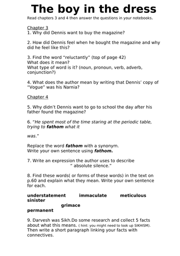 The Boy in the dress by David Walliams comprehension questions yr5/6 ...