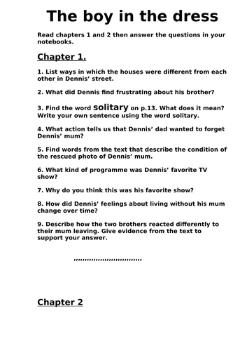 The Boy in the dress by David Walliams comprehension questions yr5/6 ...