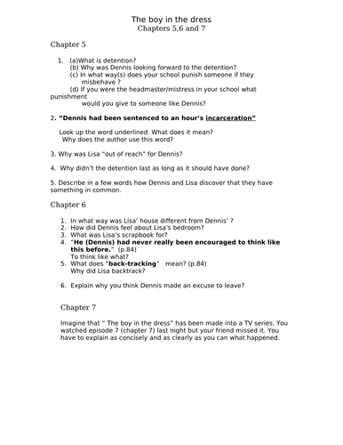 The Boy in the dress by David Walliams comprehension questions yr5/6 ...