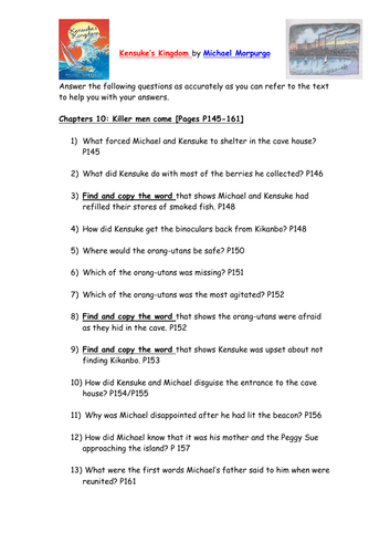 Kensuke's Kingdom Comprehension [Chapter 10] | Teaching Resources