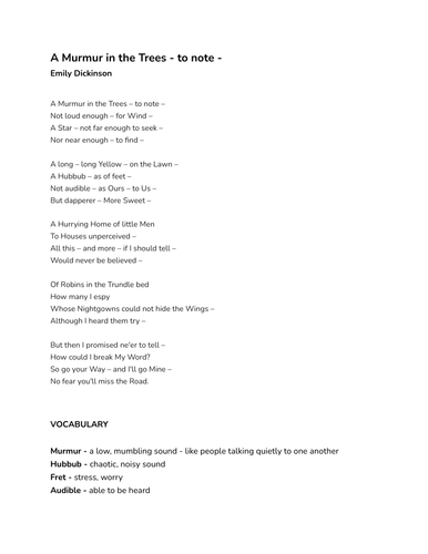 'A Murmur in the Trees - to note -' by Emily Dickinson - Study Guide ...