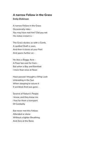 'A narrow Fellow in the Grass' by Emily Dickinson - Study Guide ...