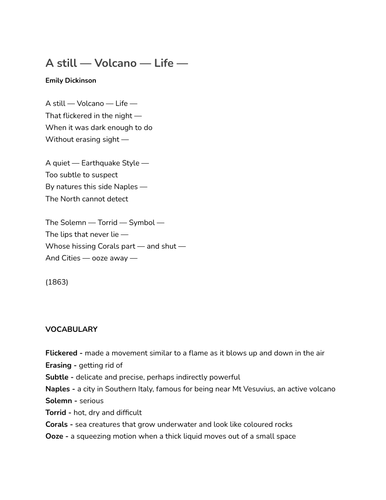 'A Still - Volcano - Life -' by Emily Dickinson - Study Guide ...
