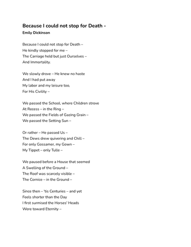 'Because I could not stop for Death' by Emily Dickinson - Study Guide ...