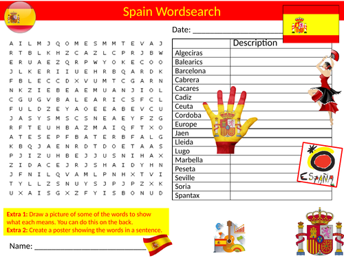 Spain #6 Wordsearch Puzzle Sheet Keywords Spanish Geography Culture ...