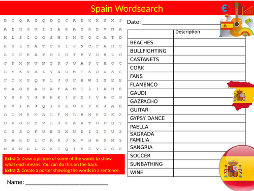 6 x Spain Wordsearch Puzzle Activity Starter Sheet Geography Country ...