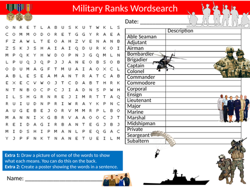5 x The Military Wordsearch Sheet Starter Activity Keywords Army ...