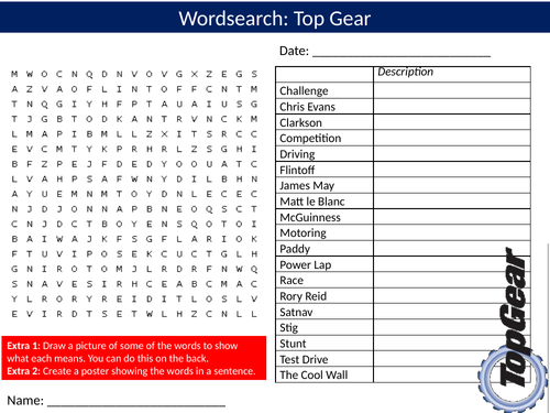 Top Gear TV Series Wordsearch Puzzle Sheet Keywords | Teaching Resources