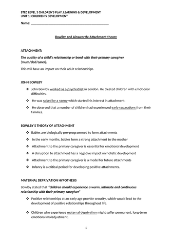 Attachment Theory Lesson Handout - Bowlby and Ainsworth (CPLD L3 Unit 1) | Teaching Resources