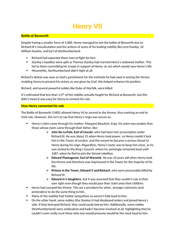 A Level History-Henry VII Revision Notes | Teaching Resources