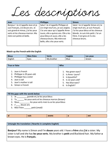 Hair and eyes descriptions French KS3 Worksheet reading comprehension ...