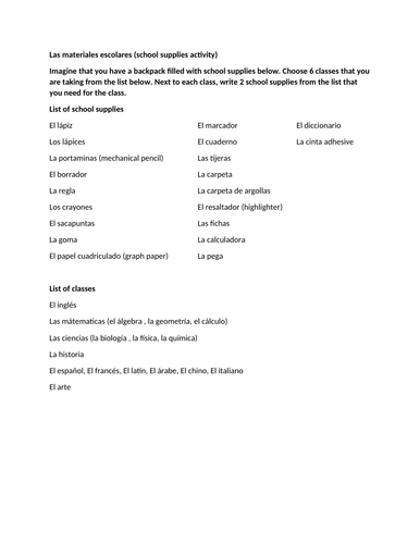 Las materiales escolares writing activity | Teaching Resources