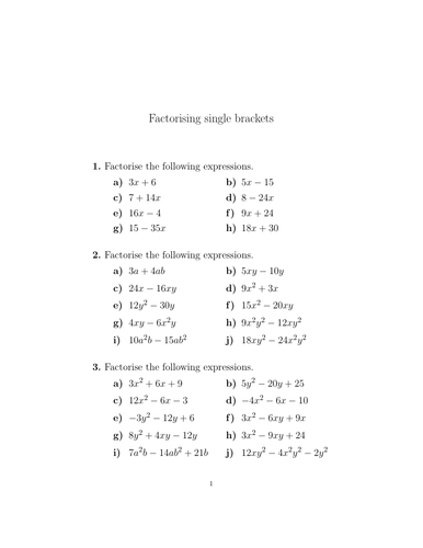 Factorising single brackets worksheet (with solutions) | Teaching Resources