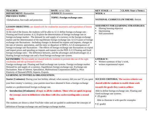 Foreign exchange rates Lesson Plan IGCSE Economics | Teaching Resources