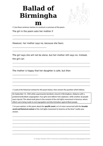 Ballad of Birmingham - Dudley Randall - Worksheet | Teaching Resources