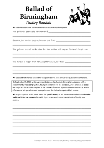 Ballad of Birmingham - Dudley Randall - Worksheet | Teaching Resources