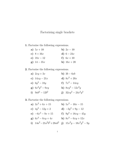 Factorising single brackets worksheet no 3 (with solutions) | Teaching ...