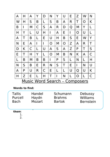 Music Word Search - Composers | Teaching Resources