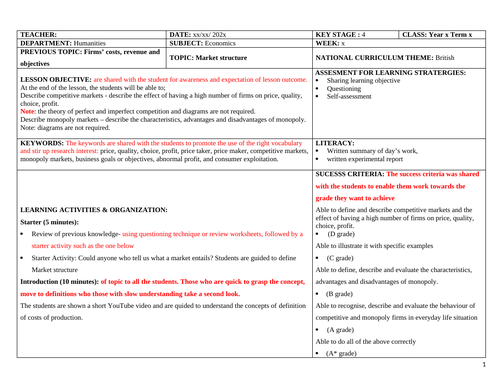Market Structure Lesson Plan IGCSE Economics | Teaching Resources