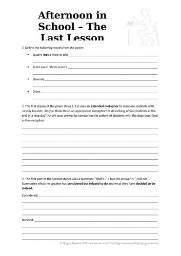 Afternoon in School - The Last Lesson ~ D.H. Lawrence ~ Worksheets ...