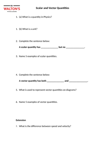 Scalar and Vector Quantities worksheet and video | Teaching Resources
