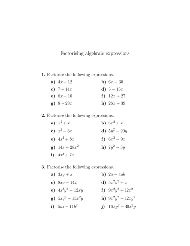 Factorising algebraic expressions worksheet (with solutions) | Teaching ... Factorising algebraic expressions worksheet (with solutions) | Teaching ...