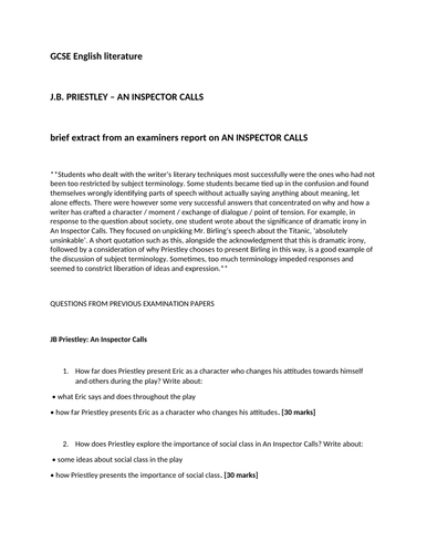 j.b. priestley an inspector calls GCSE exam questions from previous ...