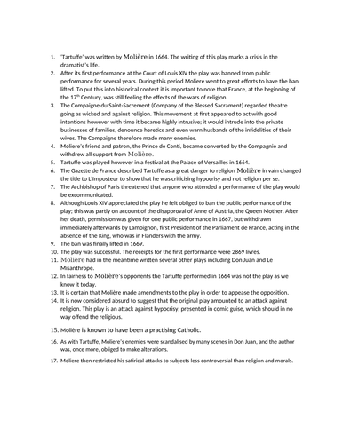 Molière LE TARTUFFE synopsis , background , exam questions A/AS LEVEL ...