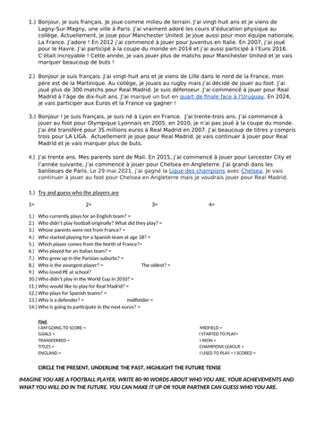 FRENCH FOOTBALL COMPREHENSION - 3 TENSES | Teaching Resources