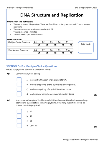 A Level DNA Structure & Replication Test | Teaching Resources