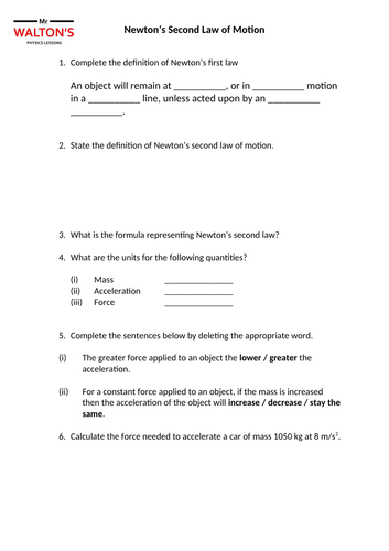 Newton’s Second Law of Motion worksheet and video | Teaching Resources
