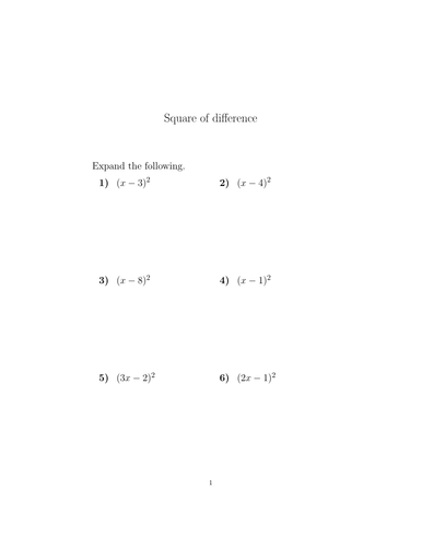 Square of difference worksheet (with solutions) | Teaching Resources