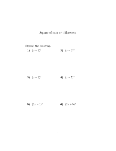 Square of sum or difference worksheet (with solutions) | Teaching Resources