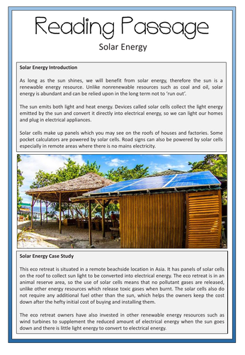 Solar Energy Worksheet and Reading Passage | Teaching Resources