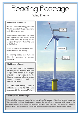 Wind Energy Worksheet and Reading Passage | Teaching Resources