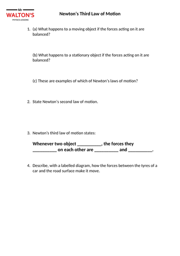 Newton’s Third Law of Motion worksheet and video | Teaching Resources