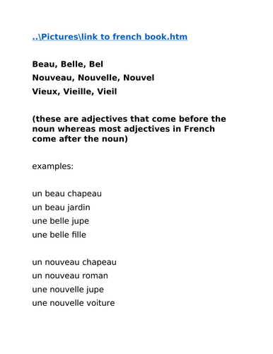 French year 9 agreement of adjectives Nouveau, Nouvelle, Beau, Belle ...