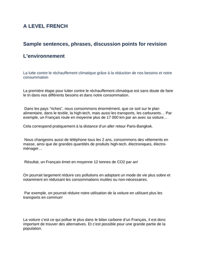 L'environnement French language GCSE sentences and vocabulary ...