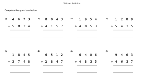 Written Addition (4 by 4) Worksheets | Teaching Resources