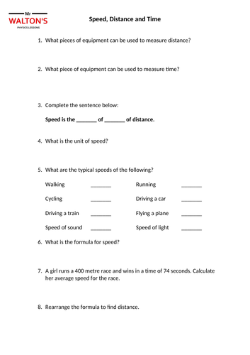 Speed, distance and time worksheet and video | Teaching Resources