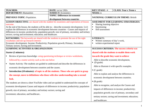 Differences in economic development between countries Lesson Plan IGCSE ...