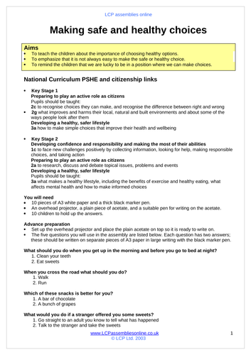 Primary Assemblies- Safe and healthy choices | Teaching Resources