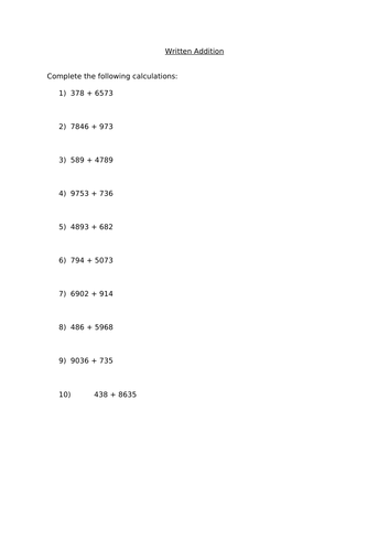 Written Addition (4 digit + 3 digit) Worksheets | Teaching Resources