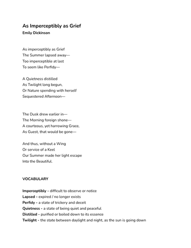 'As Imperceptibly as Grief -' by Emily Dickinson - Lesson + Study Guide ...