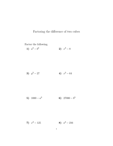 Factoring the difference of two cubes worksheet (with solutions ...