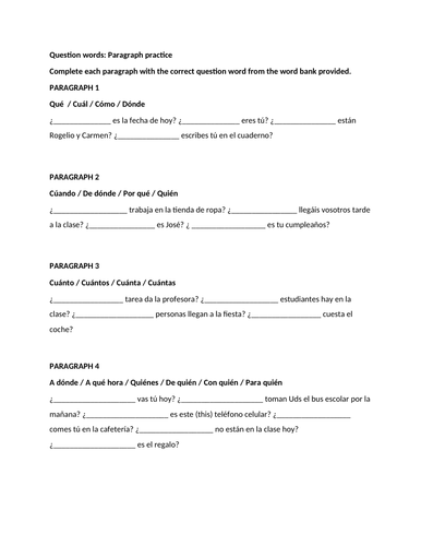 Question words paragraph | Teaching Resources