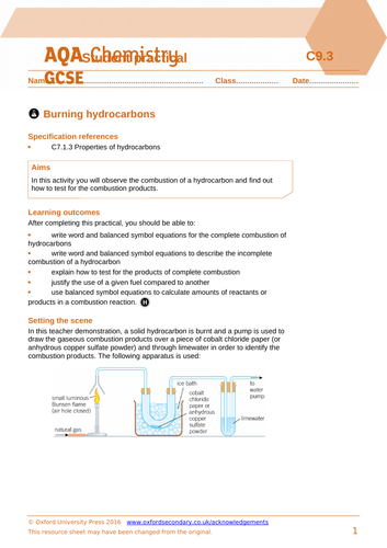 Properties of hydrocarbons and combustion | Teaching Resources