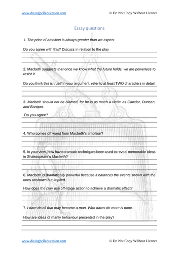 Macbeth: Essay Questions and Sample Essay | Teaching Resources